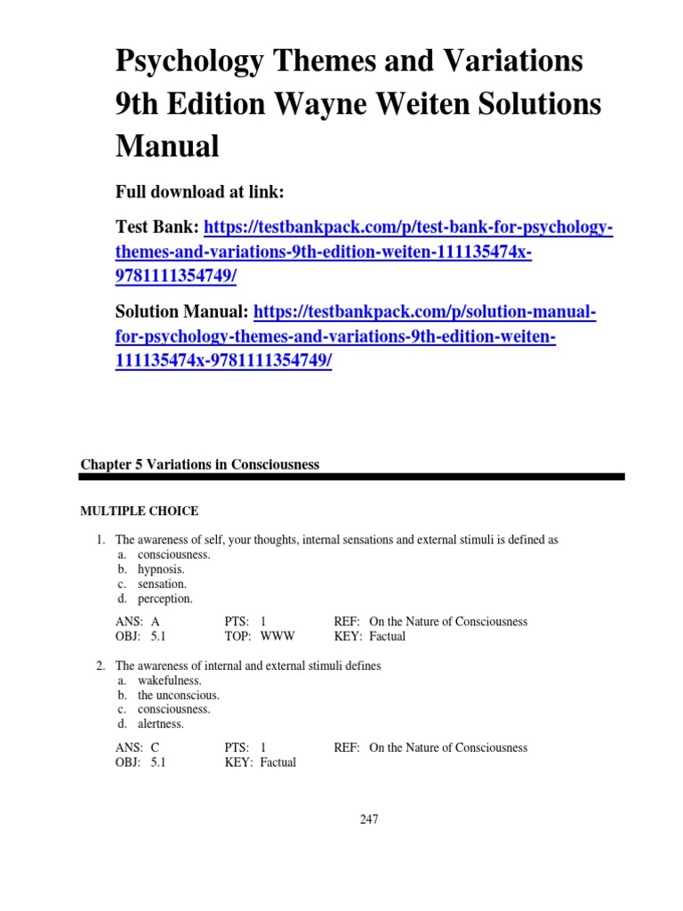 Psychology Themes and Variations 9th Edition Wayne Weiten Test Bank 1 ...