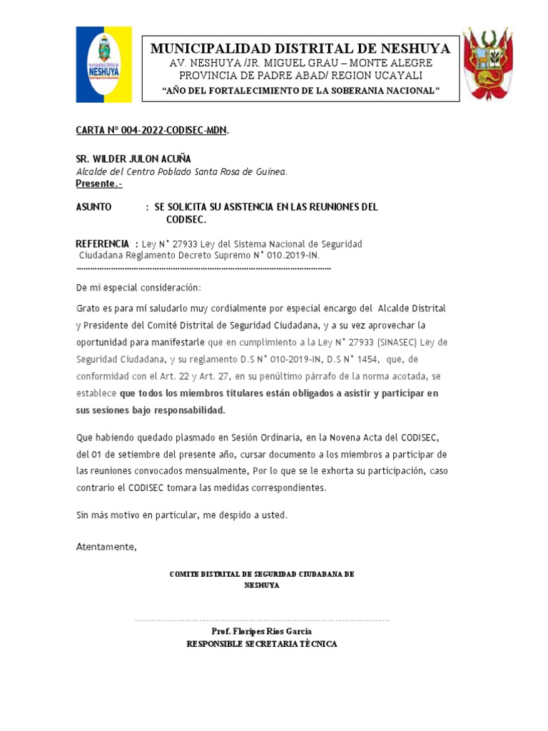 CARTA DE ASISTENCIA A LOS MIEMBROS DEL CODISEC 2023 | PDF