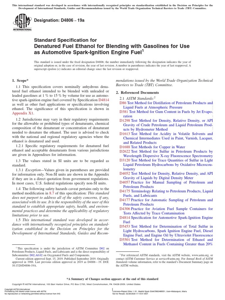 Astm D 4806 | PDF | Gasoline | Ethanol