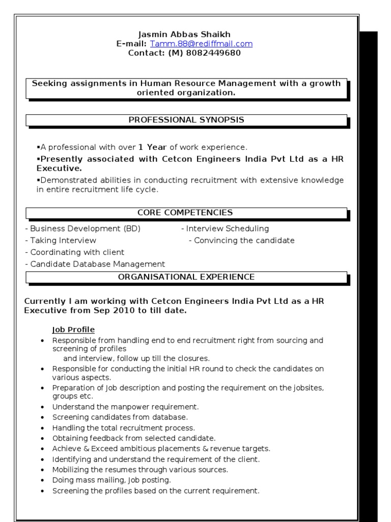 HR Executive Resume of Jasmin Shaikh | PDF