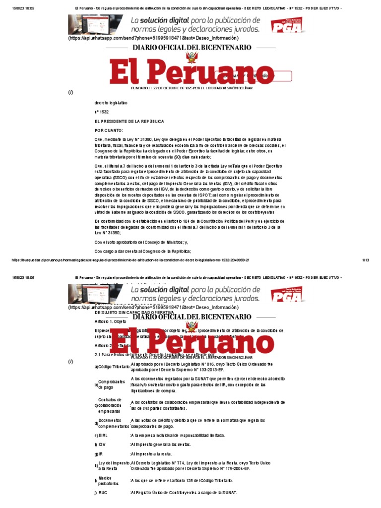 Sujeto Sin Capacidad Operativa - DeCRETO LEGISLATIVO - #1532 - PERU ...