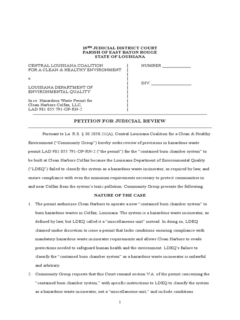 Colfax Community Group Sues LDEQ Over Clean Harbors Permit Renewal | PDF