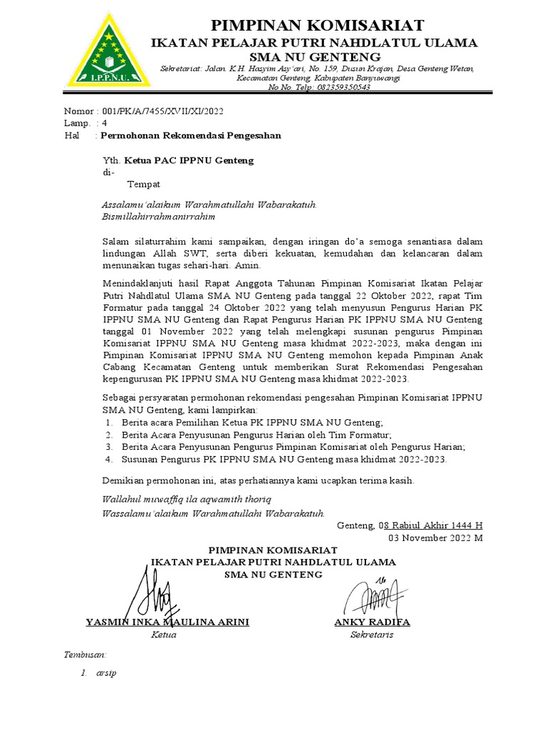 Surat Permohonan Rekomendasi Pengesahan PK Smanu 2022 - 2023 Ke Pac | PDF