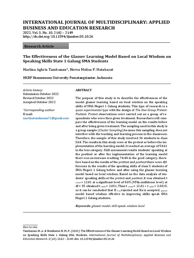 The Effectivenessofthe Glasser Learning Model Basedon Local Wisdomon ...