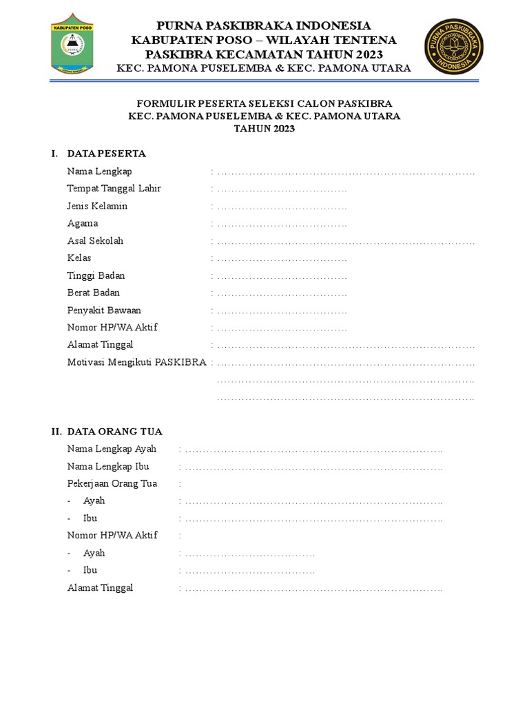 Formulir Peserta Seleksi Calon Paskibra Tahun 2023 | PDF