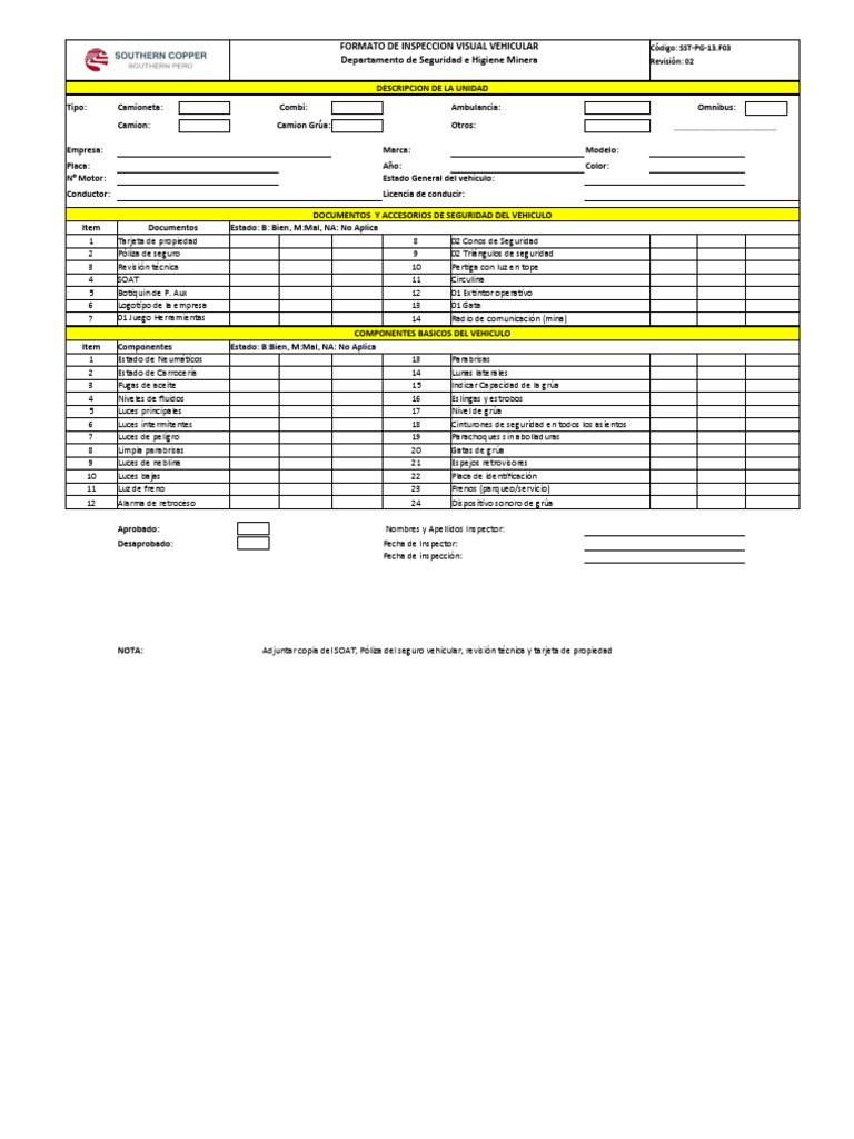 FORMATO DE INSPECCION VISUAL VEHICULAR SPCC | PDF