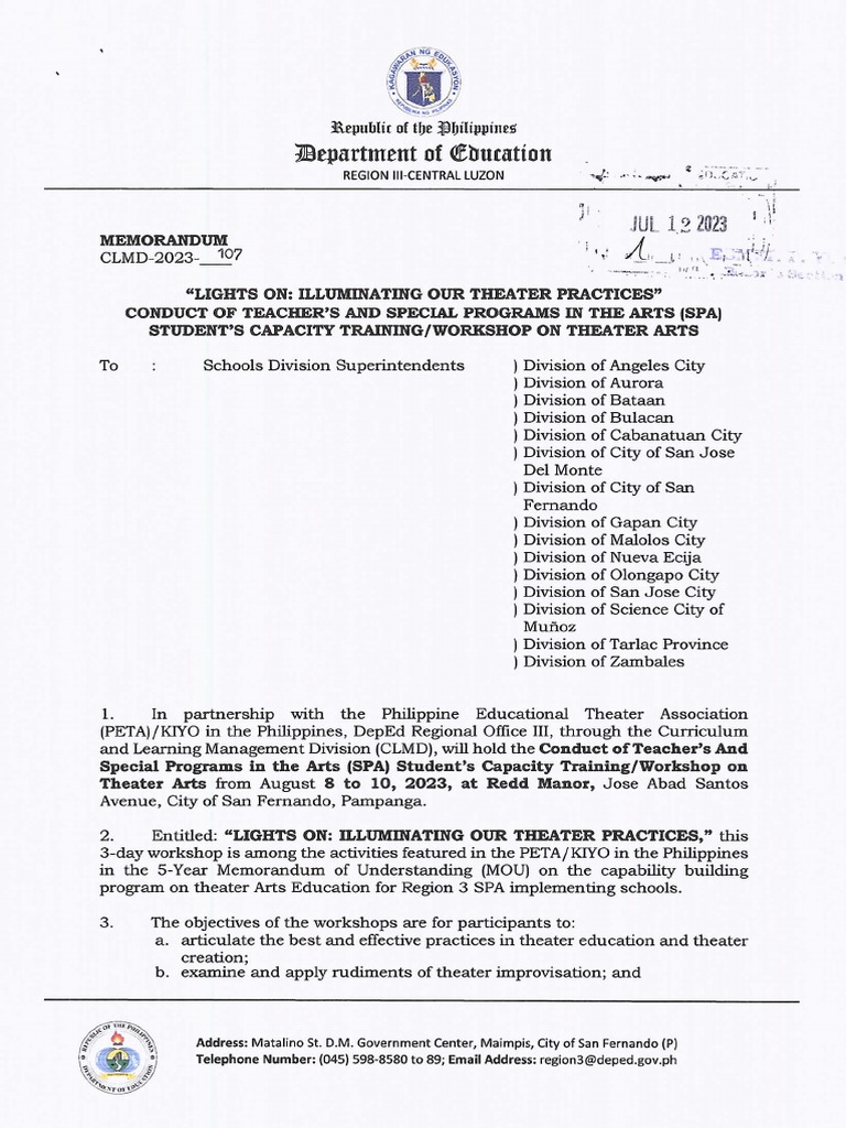 Memorandum Clmd-2023-107 - Lights On - Illuminating Our Theater Practices Conduct of Teacher's ...