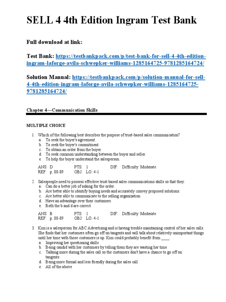 SELL 4 4th Edition Ingram Test Bank 1 | PDF | Career & Growth | Computers