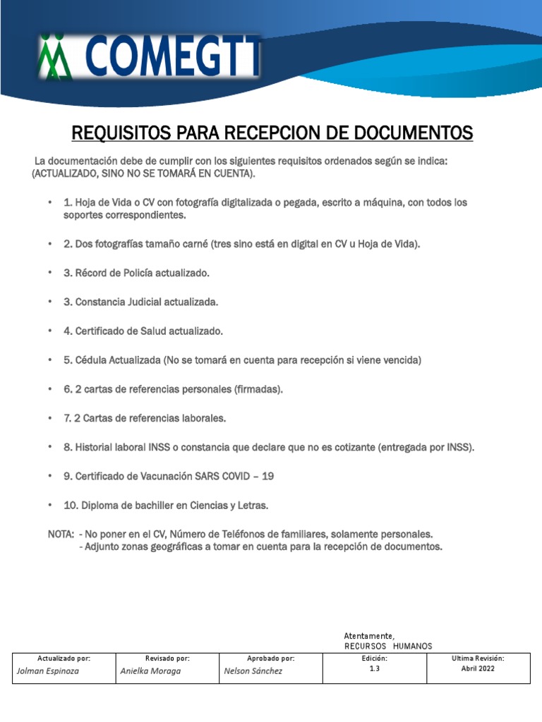 Requisitos para Recepcion de Documentos - 2022 - Va | PDF