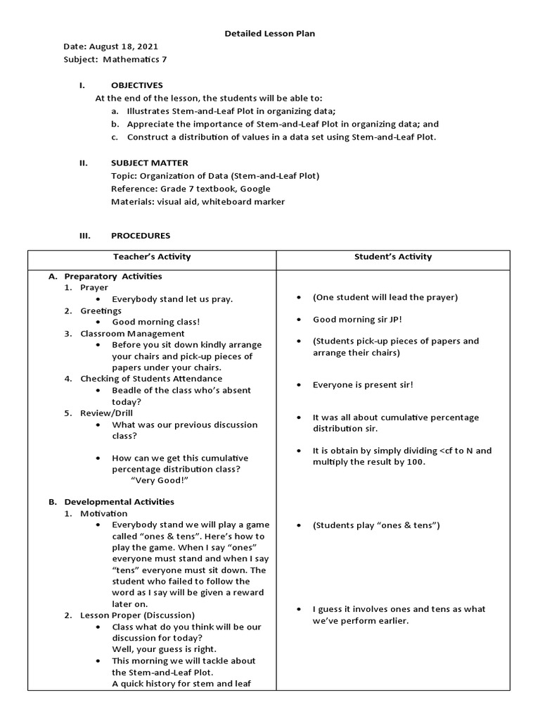 DLP Math 7 (Stem and Leaf Plot) | PDF | Teaching | Human Communication