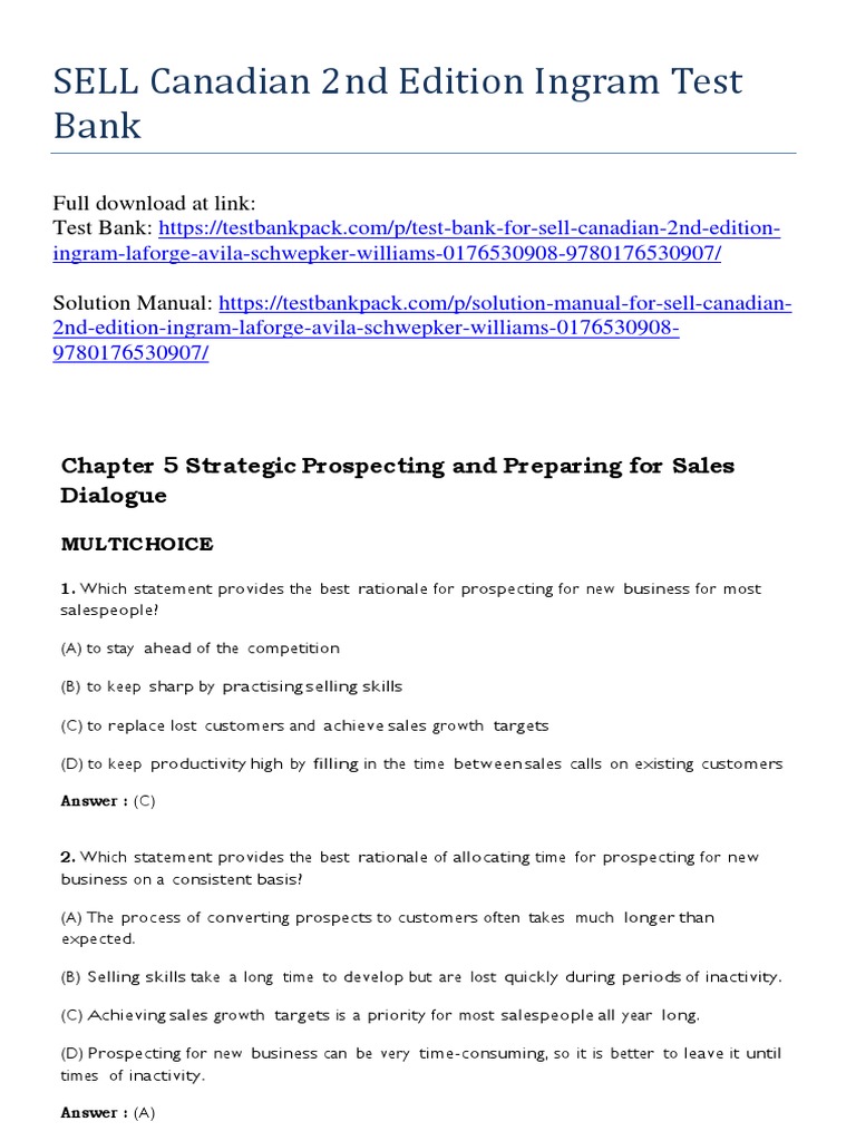 SELL Canadian 2nd Edition Ingram Test Bank 1 | PDF | Sales | Human ...