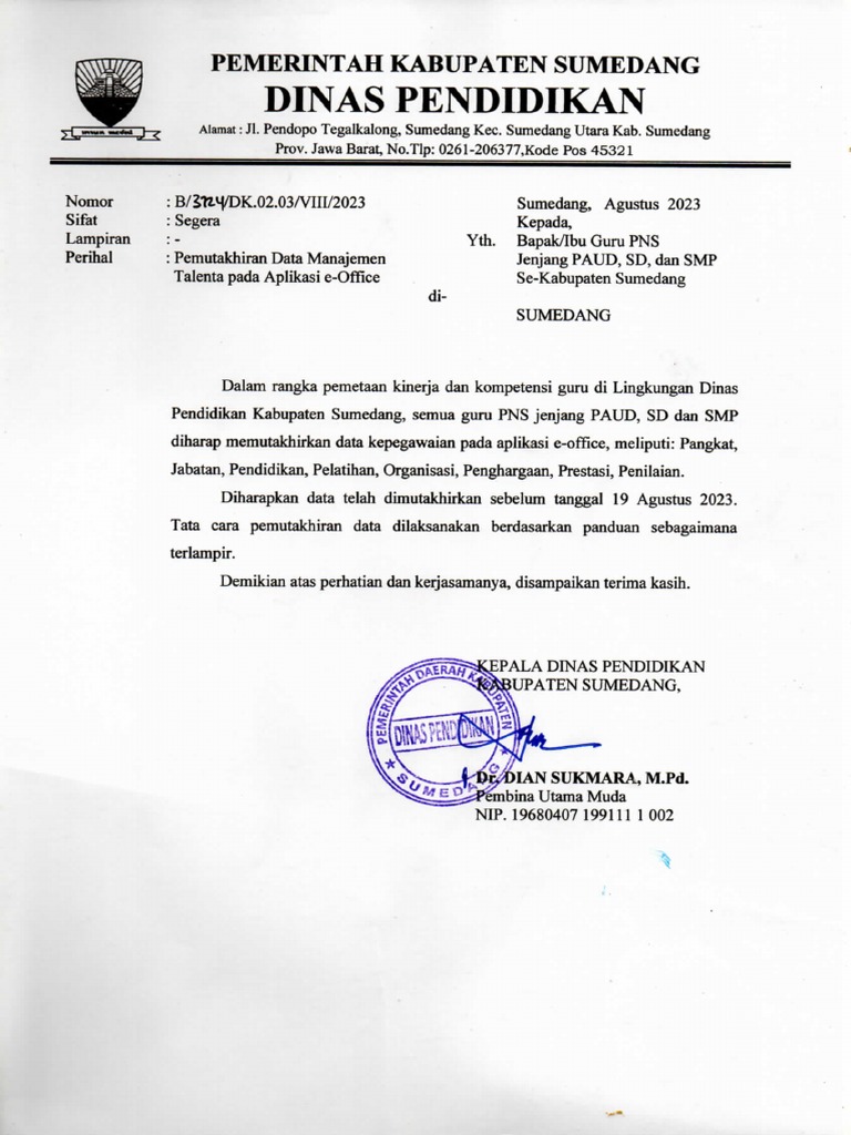 Surat Edaran pemutakhiran data manajemen Talenta | PDF