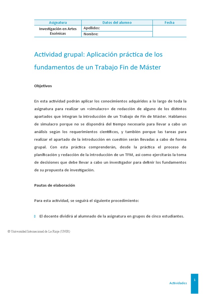 Actividad Grupal. Aplicación Práctica de Los Fundamentos de Un Trabajo Fin de Máster | PDF
