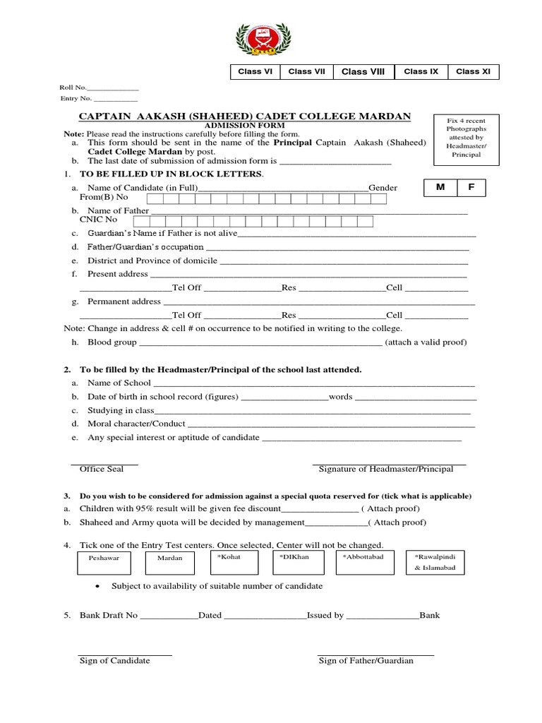 Captain Akash Shaheed CADET COLLEGE MARDAN Admission Form | PDF ...