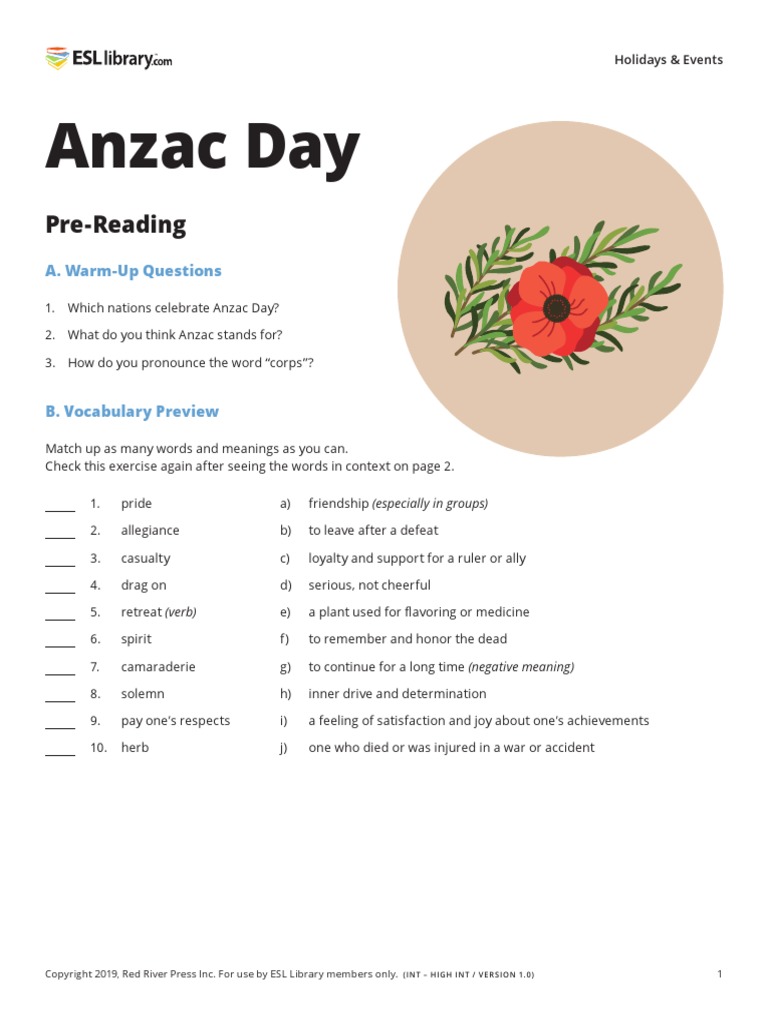 Anzac Day (ESL Library) | PDF | Australian And New Zealand Army Corps ...