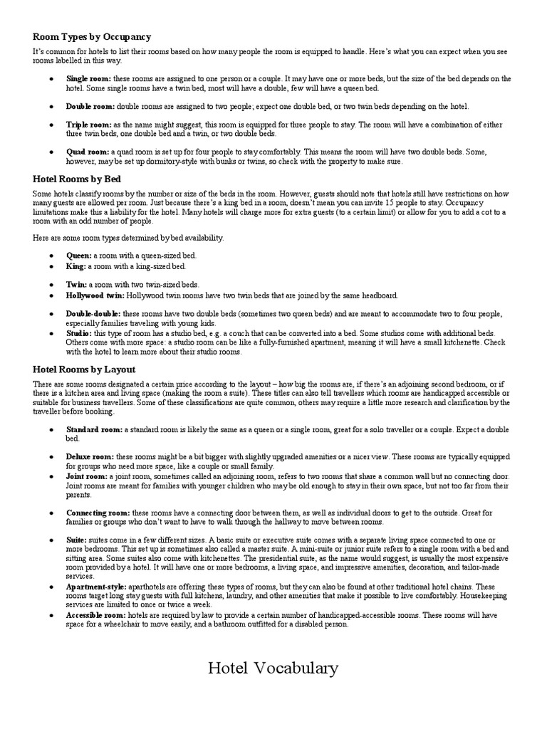 Hotel Room Types by Different Standards | PDF