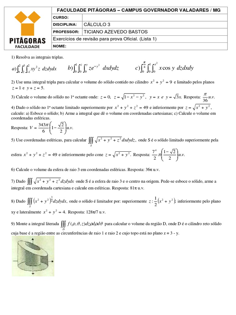 Exercícios de Integrais Triplas | PDF | Esfera | Ensino de Matemática