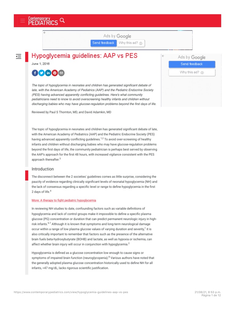 Hypoglycemia Guidelines - AAP Vs PES (2172) | PDF | Hypoglycemia ...