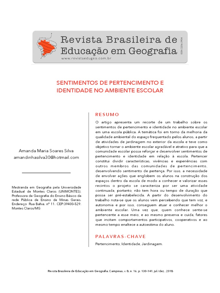 Sentimentos de Pertencimento e Identidade No Ambiente Escolar | PDF | Aprendizado | Sustentabilidade