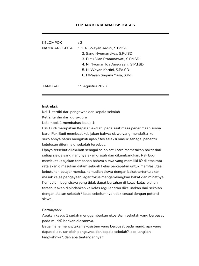 Lembar Kerja 2. Ruang Kolaborasi (Analisis Kasus) Kelompok 2 | PDF | Karier & Perkembangan