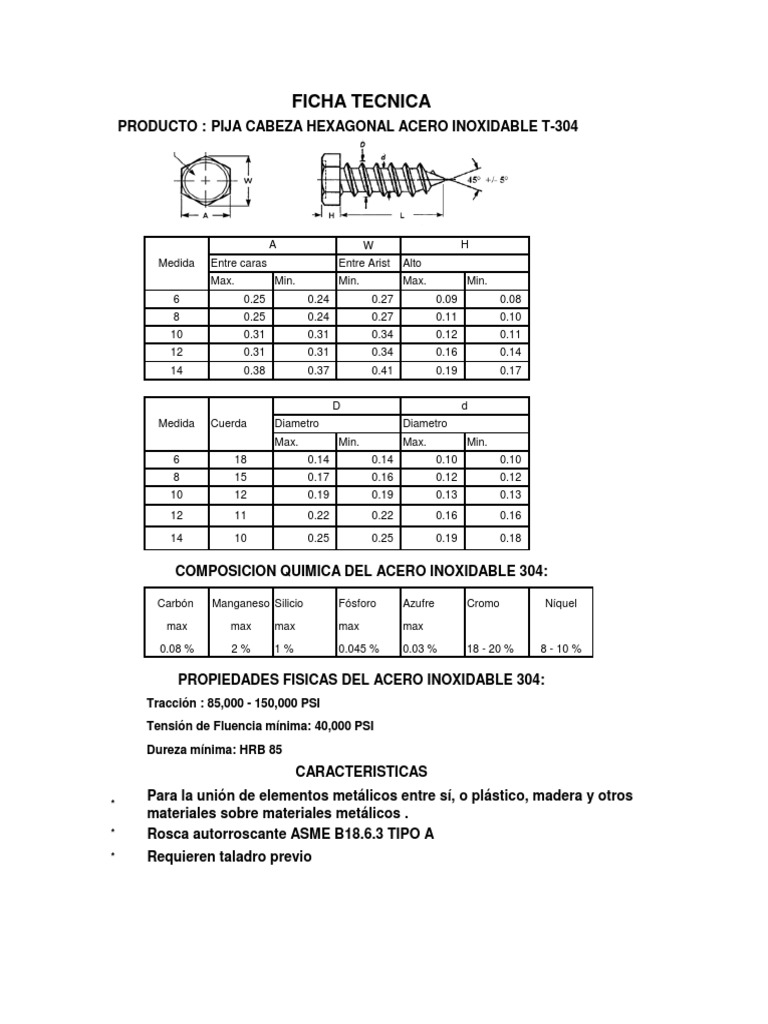 Ficha Tec Pija Hex Inox | PDF