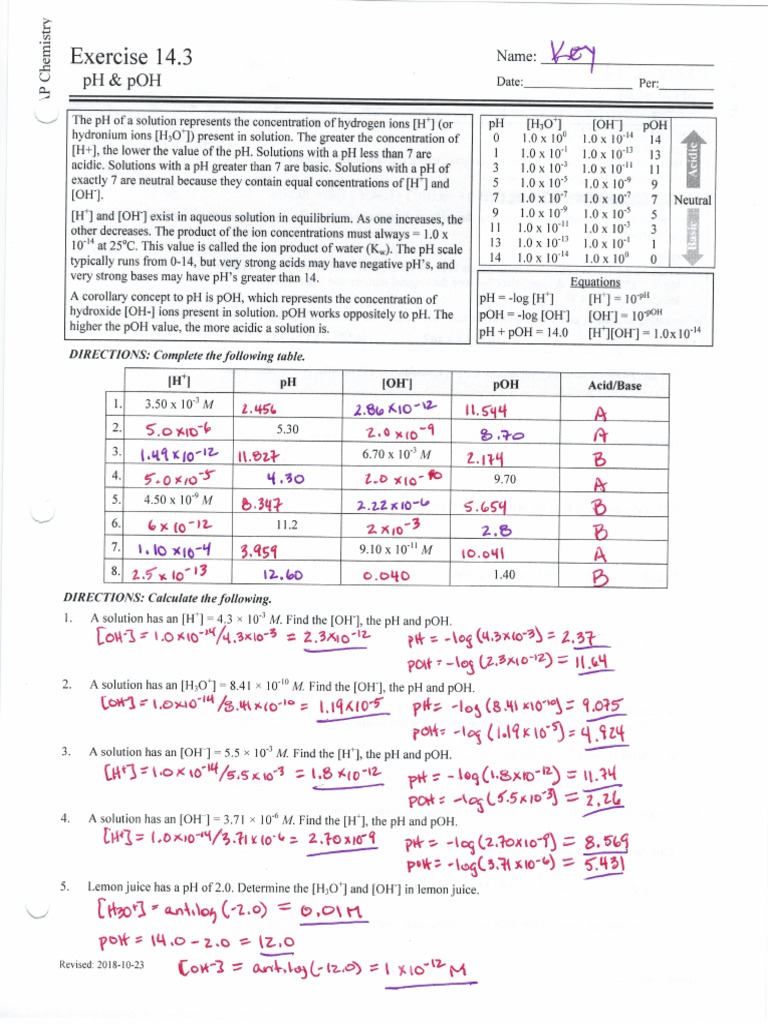 Exercise 14.3 - PH and POH - Answers | PDF