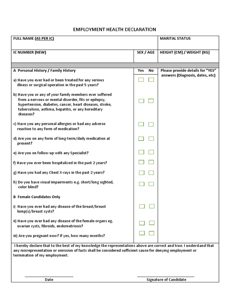 Employment Health Declaration Form | PDF