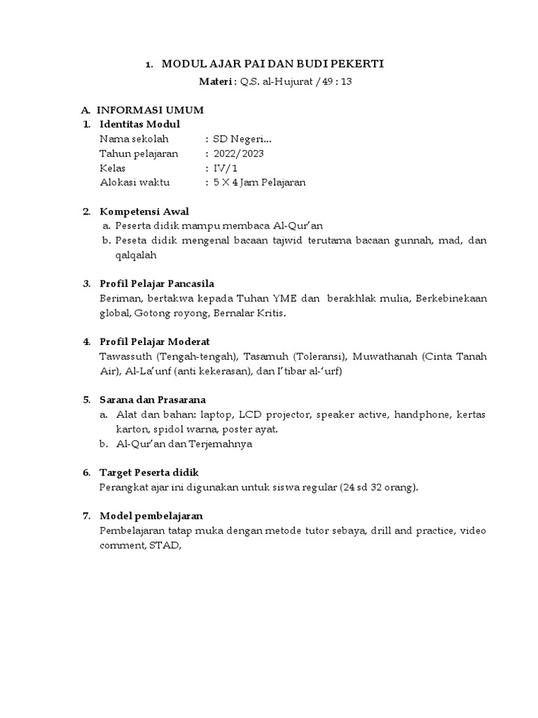 Modul Ajar Al Quran - SD | PDF | Karier & Perkembangan | Kajian Bahasa Asing