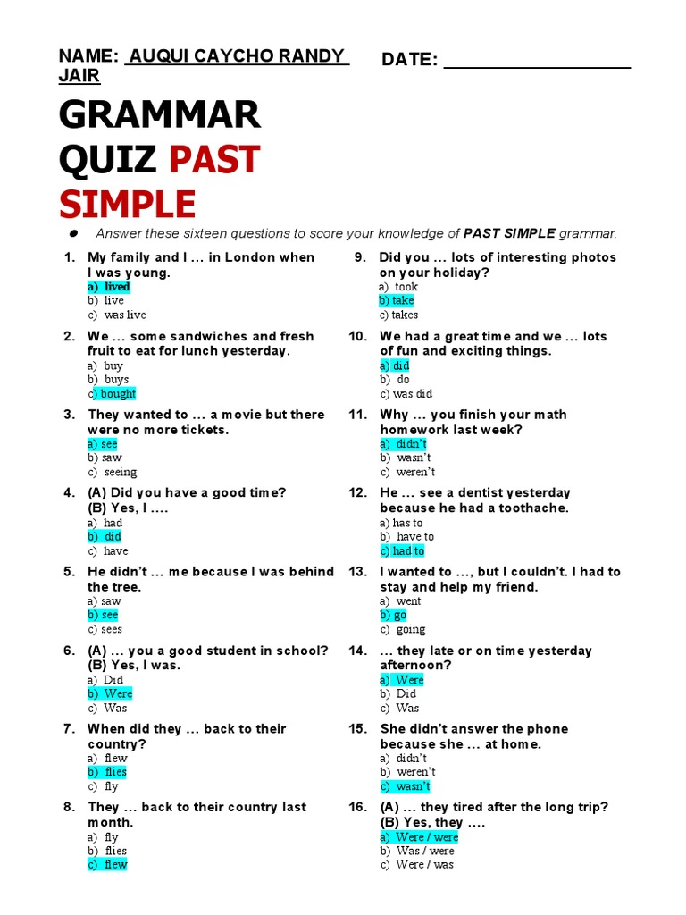 Academic Task 12 Quiz Simple Past | PDF