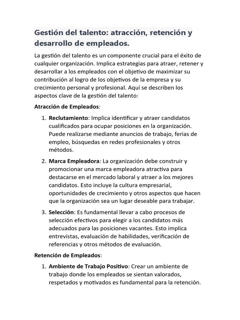 Gestión Del Talento Atracción Retención y Desarrollo de Empleados | PDF | Gestión del talento ...