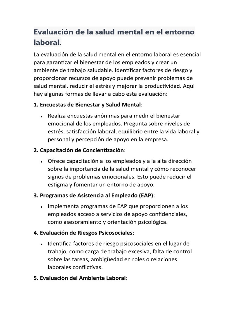 Evaluación de La Salud Mental en El Entorno Laboral | PDF | Salud mental | Estrés (biología)