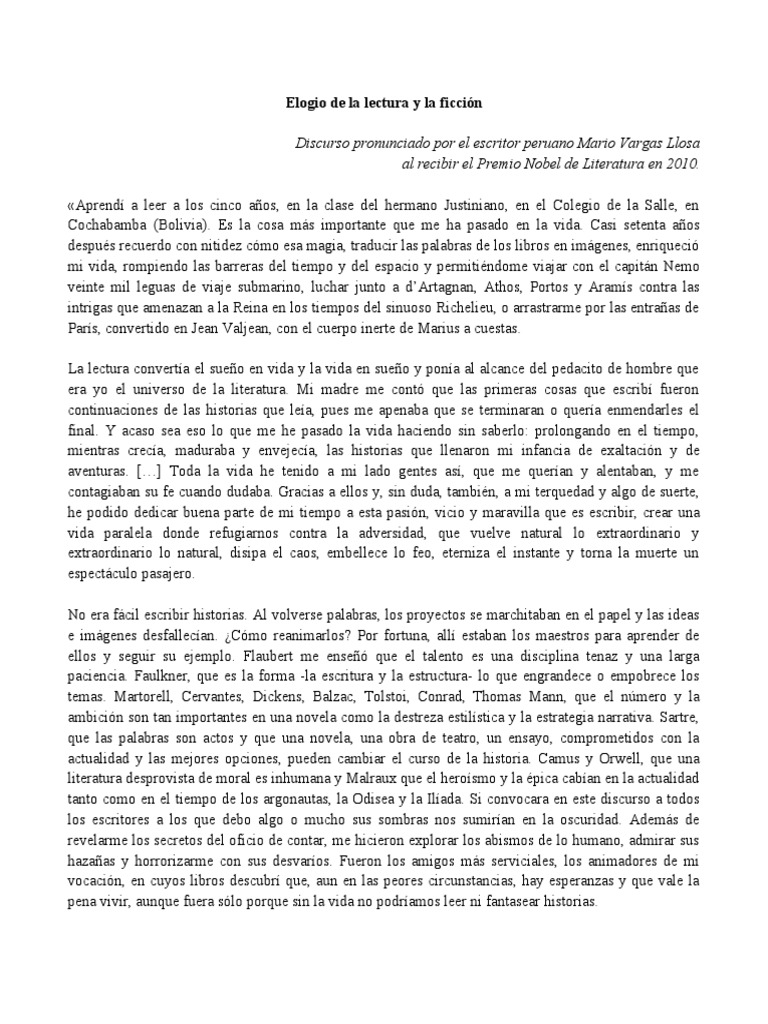 Discurso Elogio de La Lectura y La Ficción | PDF | Novelas