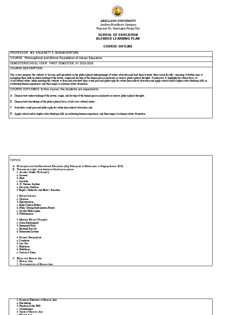 VED02 COURSE OUTLINE Philosophical and Ethical Foundation of Values ...