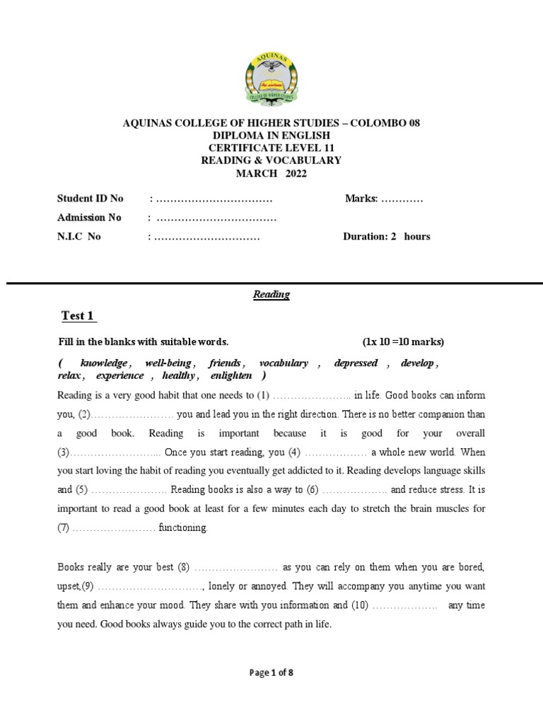 Certificate Level II - Reading & Vocabulary | PDF | Disciplines | Diana