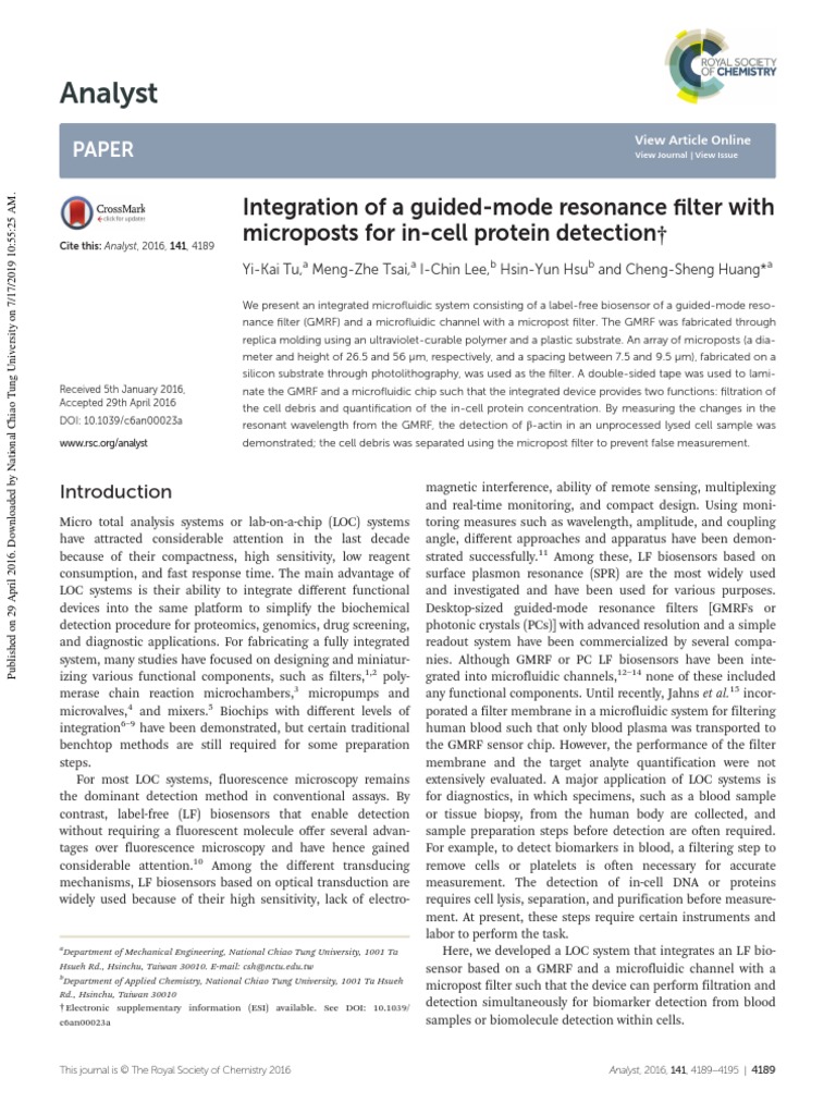 Integration of A Guided-Mode Resonance Filter With | PDF | Biosensor | Microfluidics
