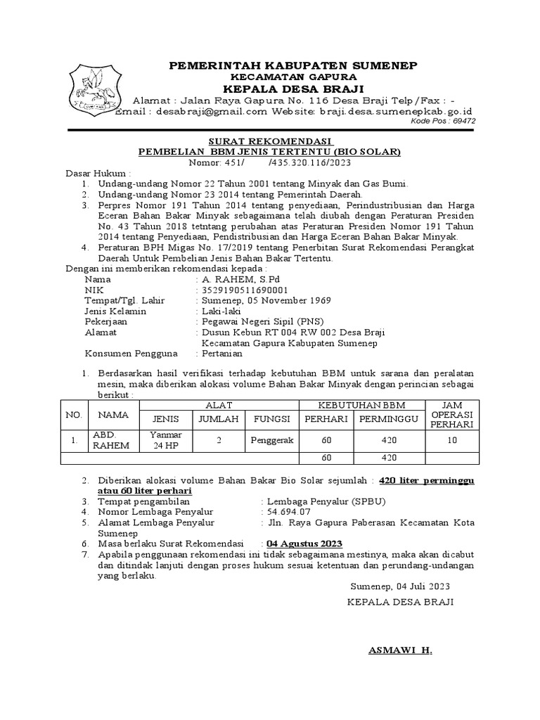 Surat Rekomendasi BBM | PDF