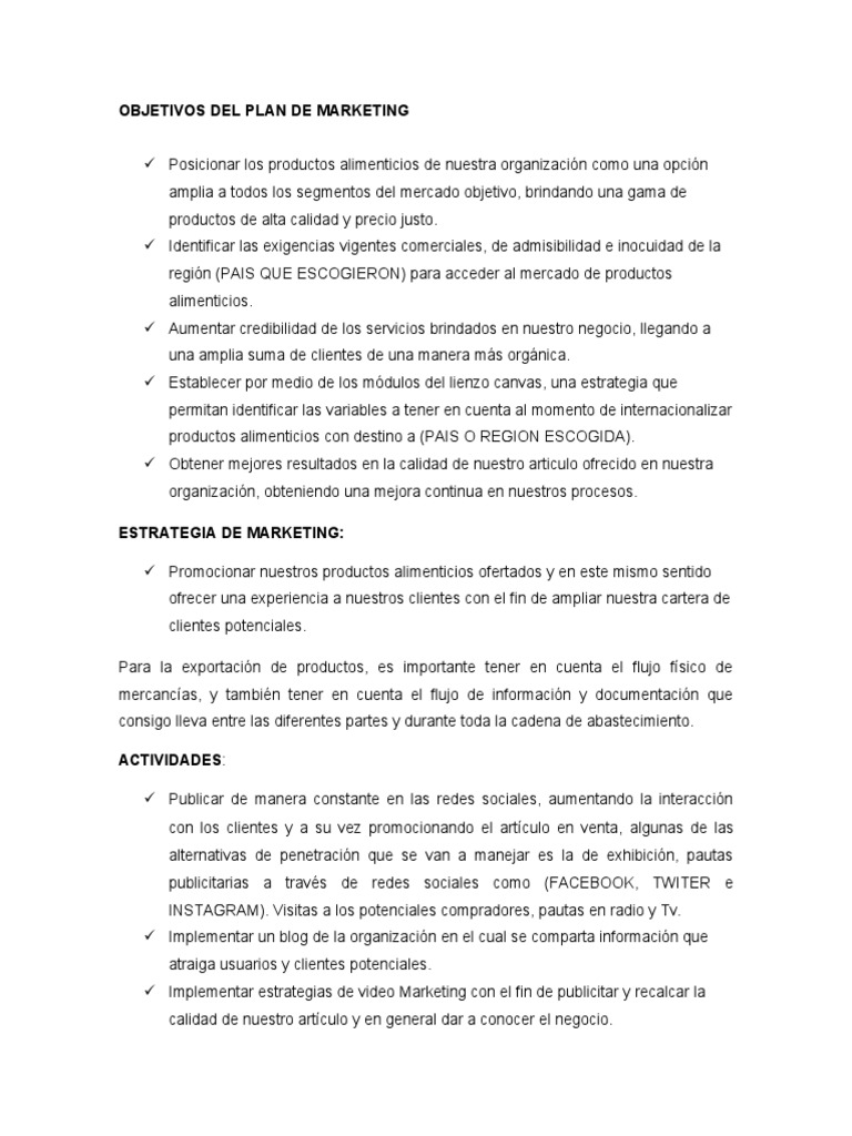 Objetivos Del Plan de Marketing y Estrategias - Trabajo | PDF