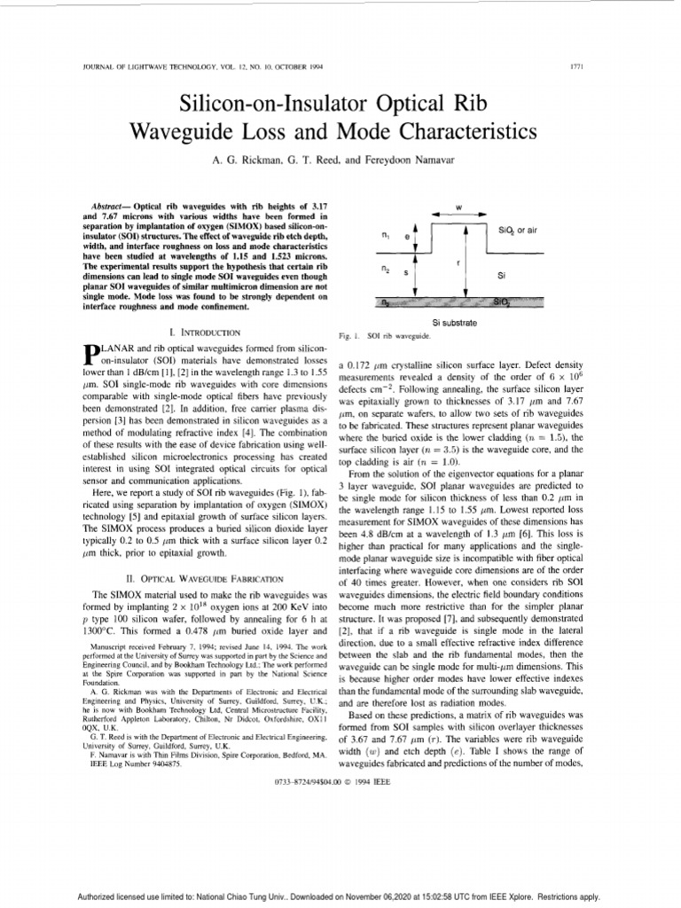 Silicon-on-Insulator Optical Rib Waveguide Loss and Mode ...