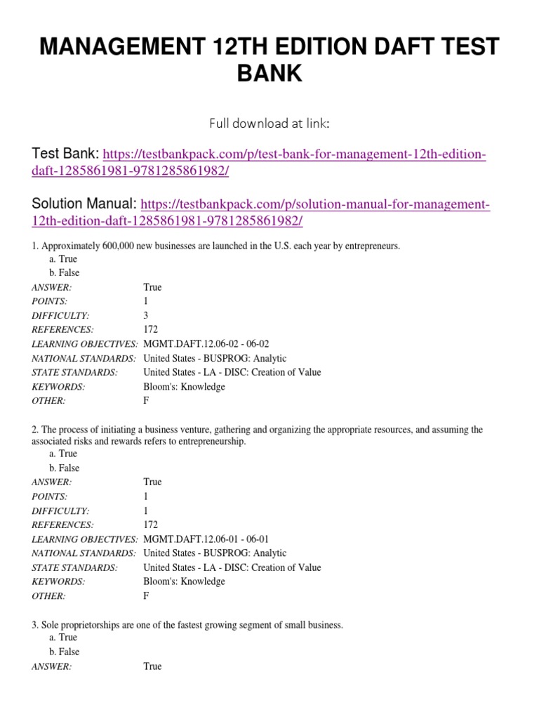 Management 12th Edition Daft Test Bank Download | PDF | Career & Growth