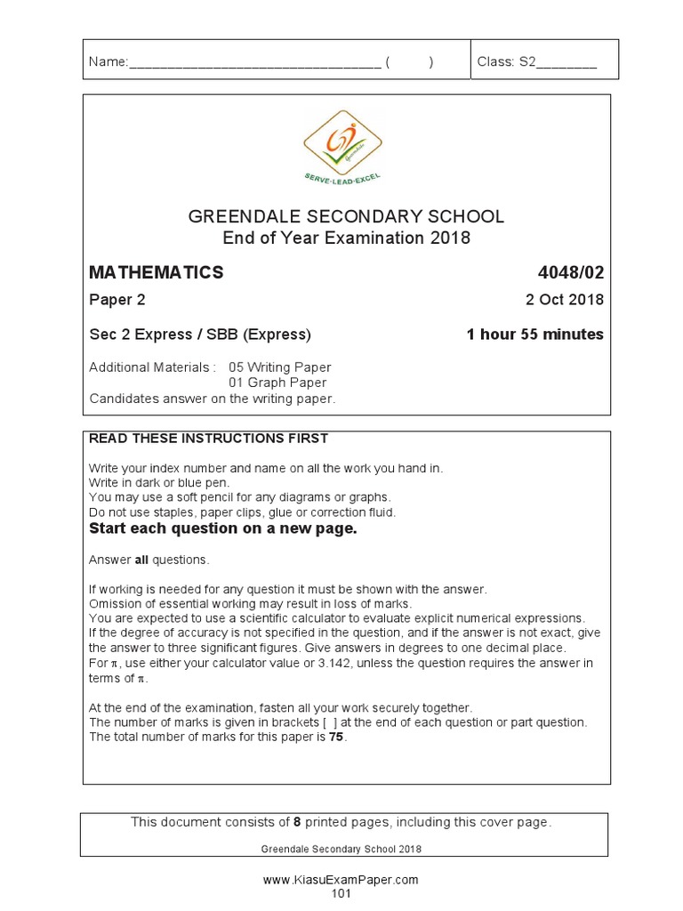 Greendale Sec 2 Math Exam Paper 2018 | PDF | Sphere | Geometry