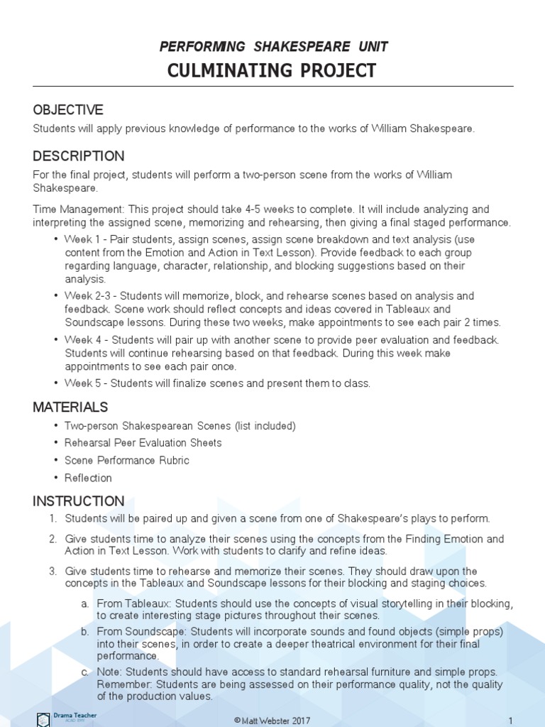 Lesson Plan - Culminating Project Performing Shakepearean | PDF ...