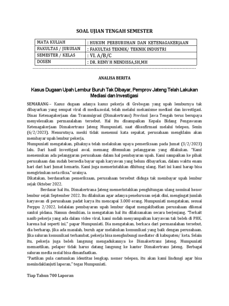 Soal Uts HK Perburuhan & Ketenagakerjaan | PDF