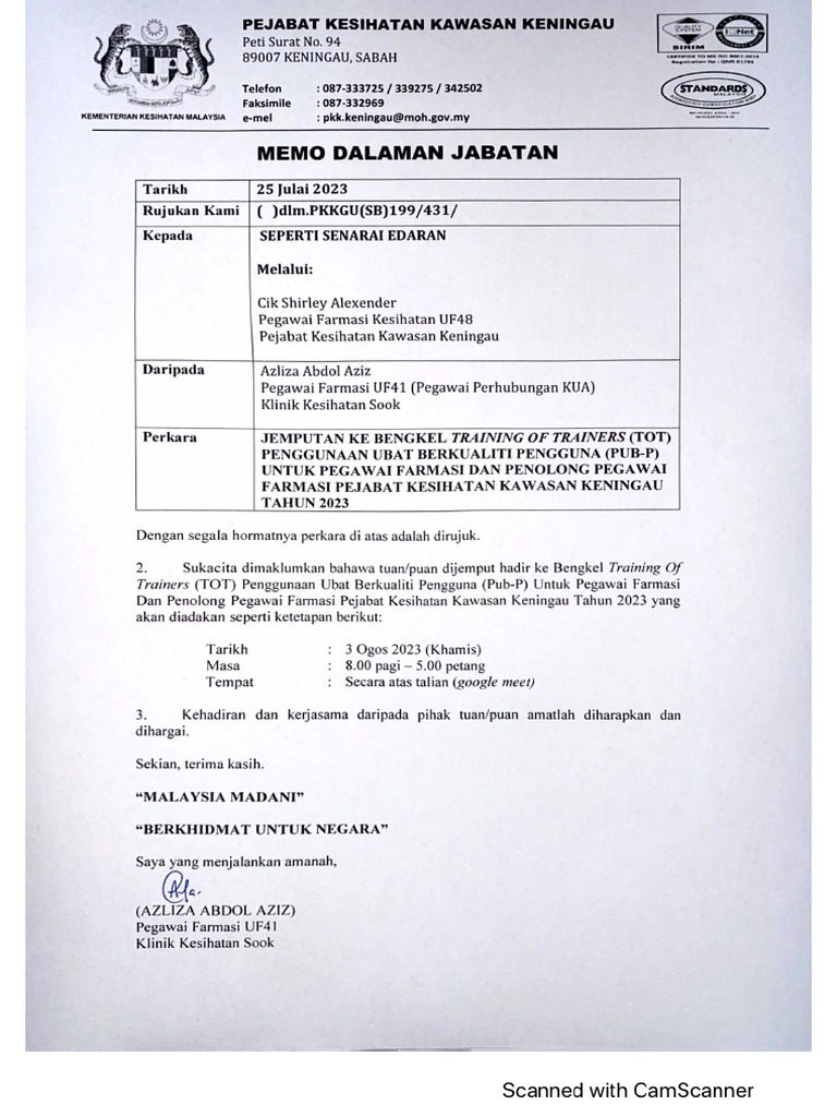 Memo daaman bengkel TOT PUBP PKK | PDF