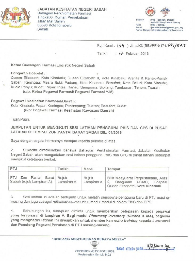 Surat Jemputan Sesi Latihan Pengguna PhIS Zon Pantai Barat Bil | PDF