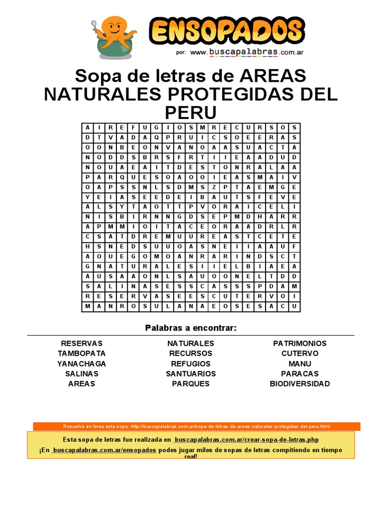 Sopa de Letras de Areas Naturales Protegidas Del Peru | PDF
