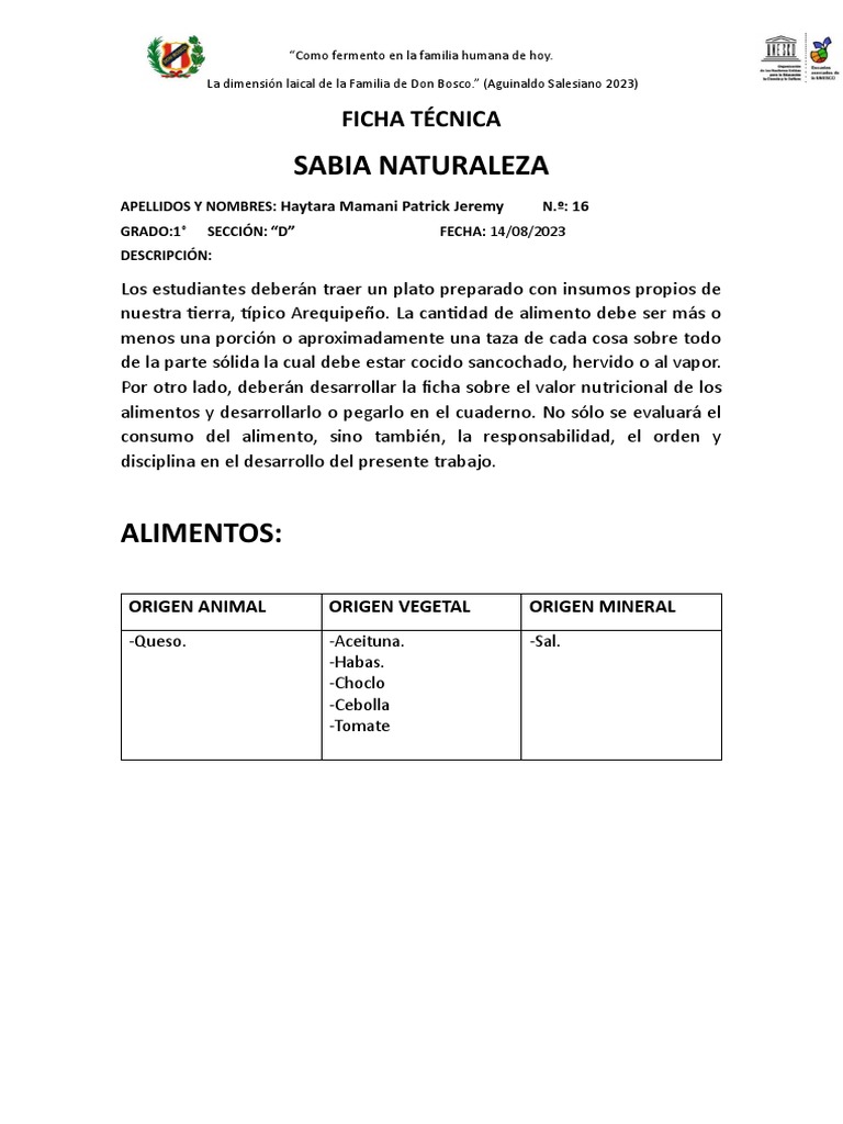 FICHA TECNICA DE ALIMENTO SALUDABLE - Patrick Jeremy Haytara Mamani del 1ero D (1) | PDF