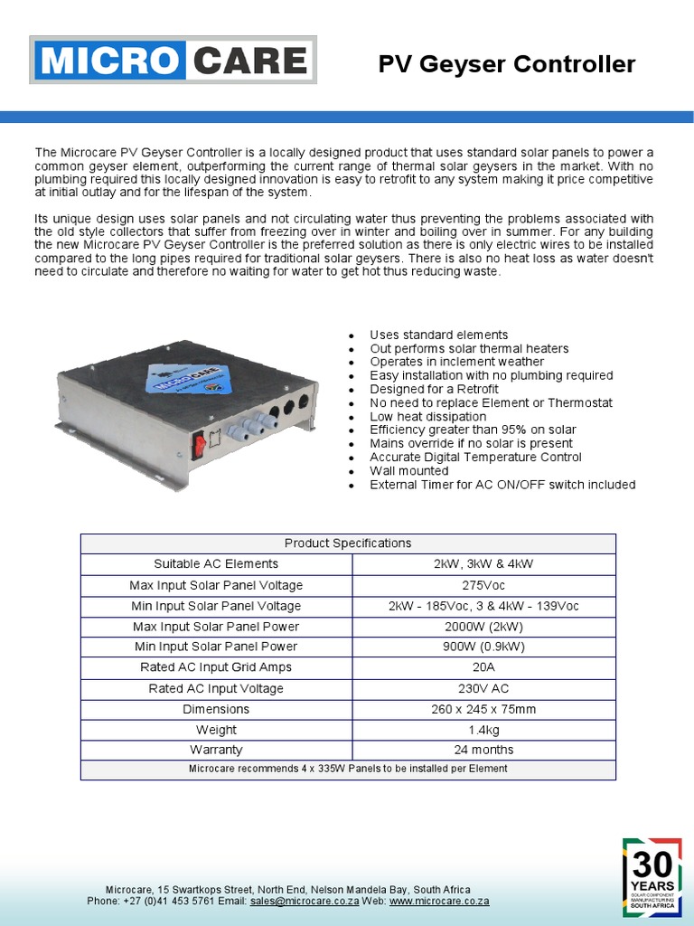 Microcare Geyser Controller Data Sheet v6 | PDF | Photovoltaics | Solar ...