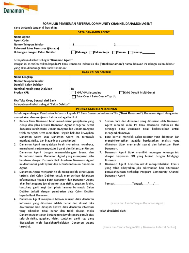 Formulir Pemberian Referral Danamon Agent 2023 | PDF