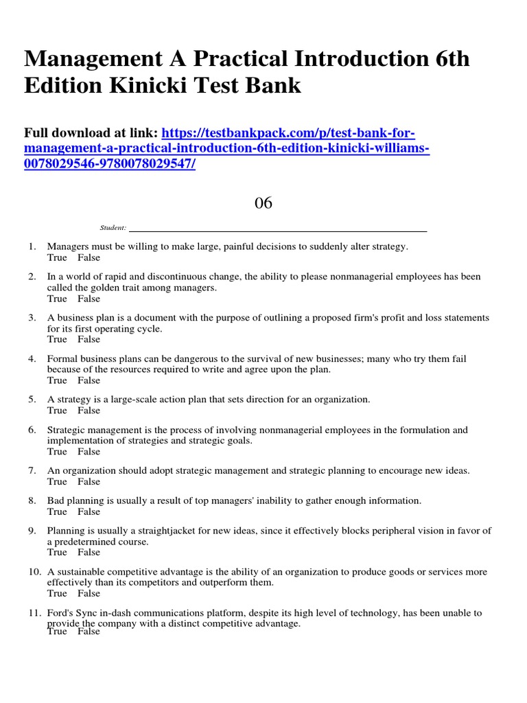 Management A Practical Introduction 6th Edition Kinicki Test Bank ...