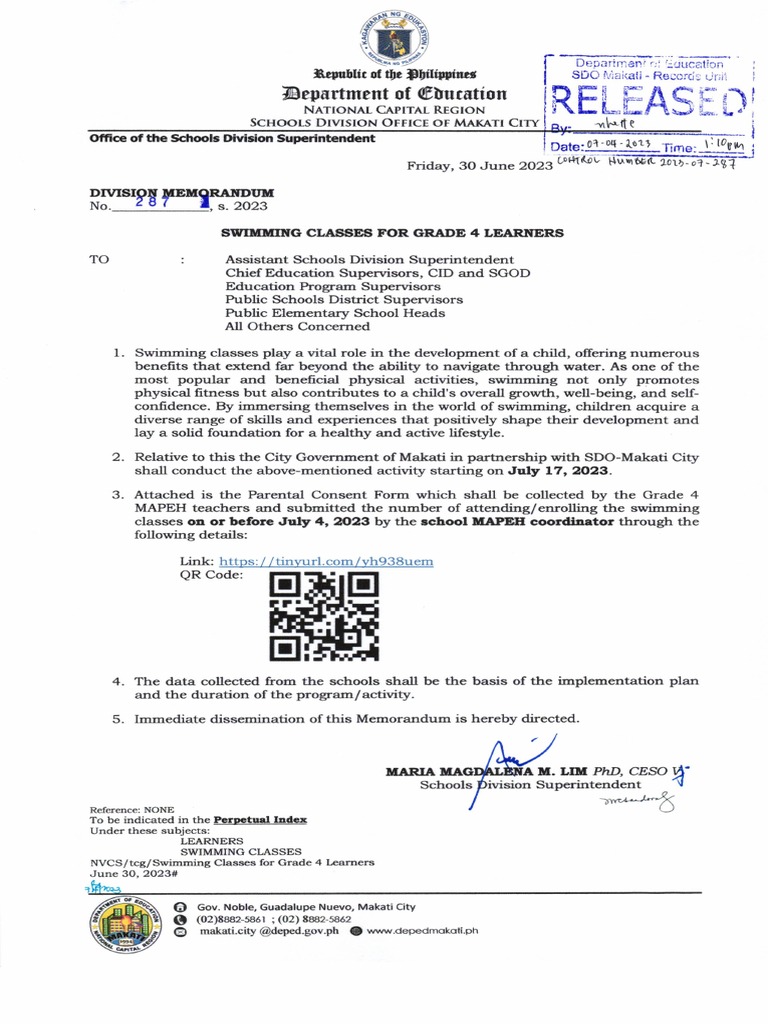 DM 287 Swimming Classes For Grade 4 Learners | PDF | Behavioural ...